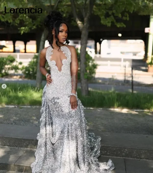 Customized Diamond Silver Mermaid Prom Dress Sparkly Crystal Velvet Gown
